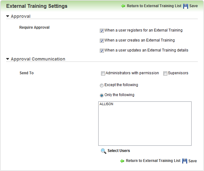 Defining the External Training Approval Process Settings